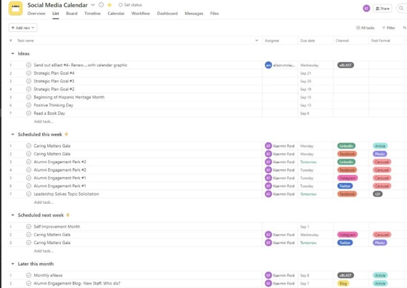 How to Use Asana to Organize a Social Media and Communications Calendar ...